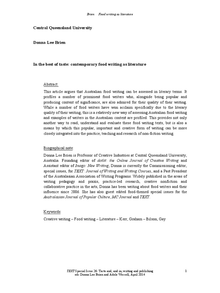Food Writing: A Literary Perspective | PDF | Cookbooks | Writers