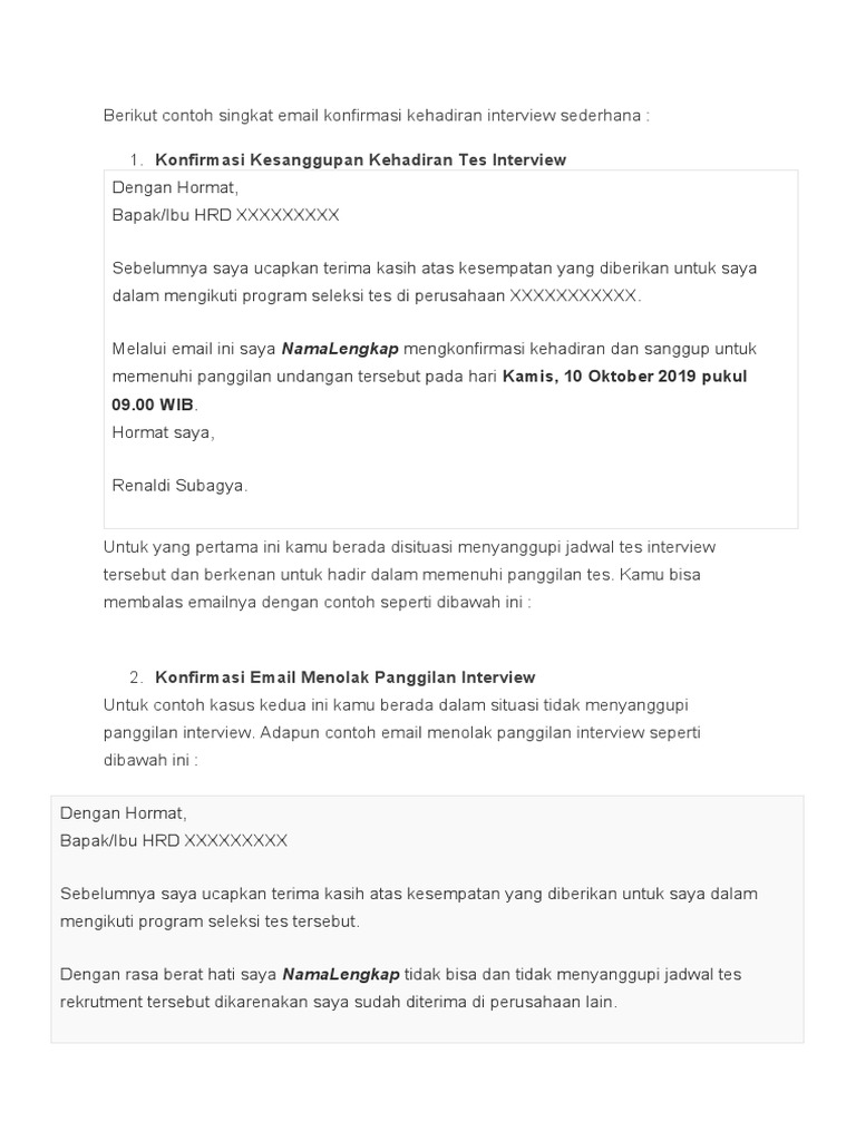 Contoh Email Konfirmasi Kehadiran Interview | PDF | Karier & Perkembangan