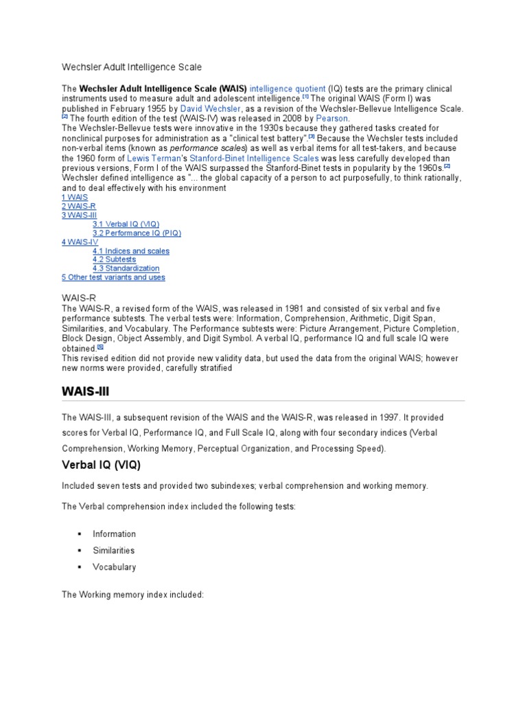 Wais | PDF | Wechsler Adult Intelligence Scale | Psychometrics
