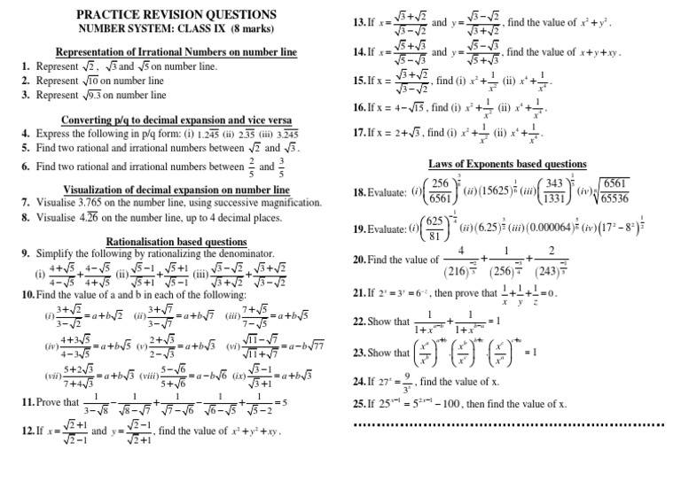 Class IX Number System Practice Questions | PDF | Numbers | Rational Number