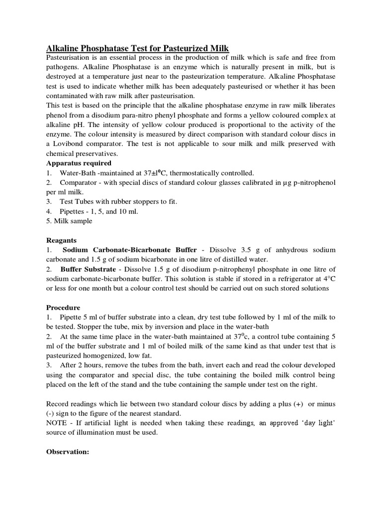 Alkaline Phosphatase Test For Pasteurized Milk | PDF | Sodium | Milk