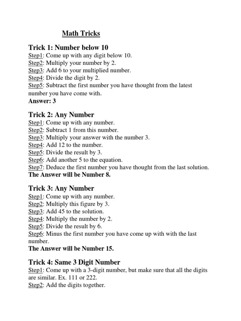 Math Tricks Trick 1: Number Below 10: Answer: 3 | PDF | Multiplication ...
