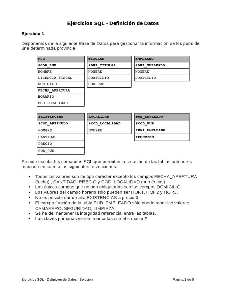 Ejercicios SQL Definicion Datos | PDF | SQL | Gestión de tecnología de la información