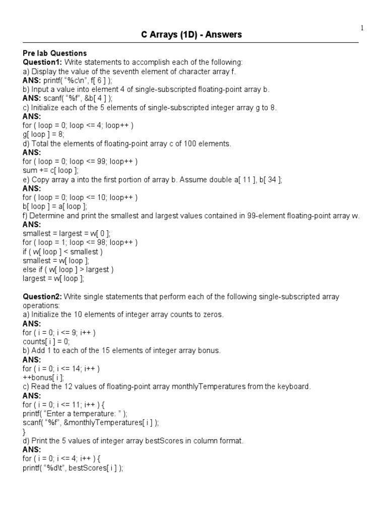 C Arrays 1d Answers Pdf Array Data Structure Integer