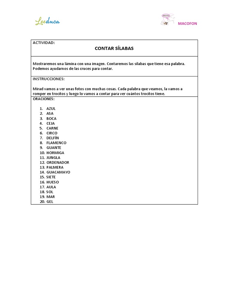 Actividad de Conteo de Sílabas para Niños | PDF | Artes del Lenguaje y ...