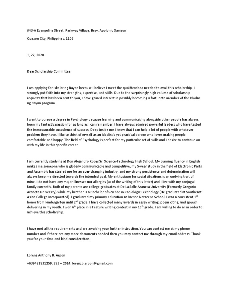 Sample Letter Scholarship | PDF | Human Nature | Further Education