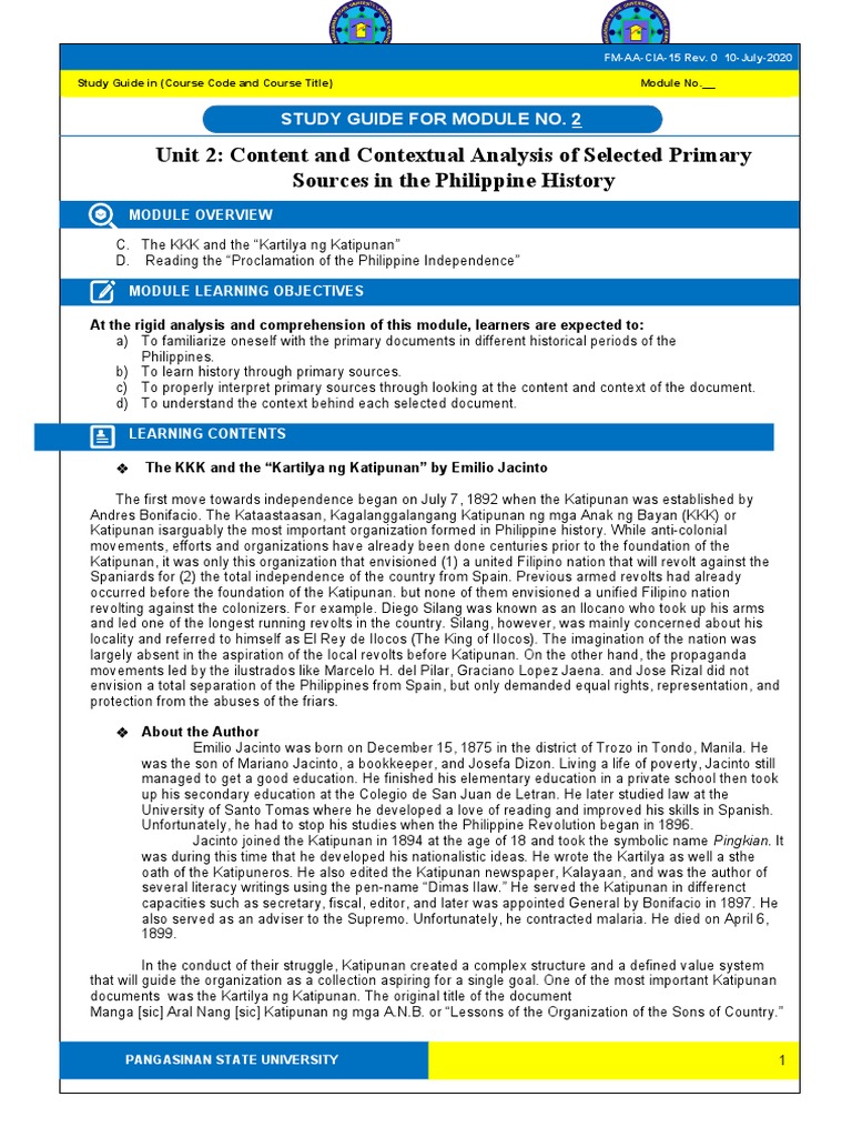 Unit 2: Content and Contextual Analysis of Selected Primary Sources in ...