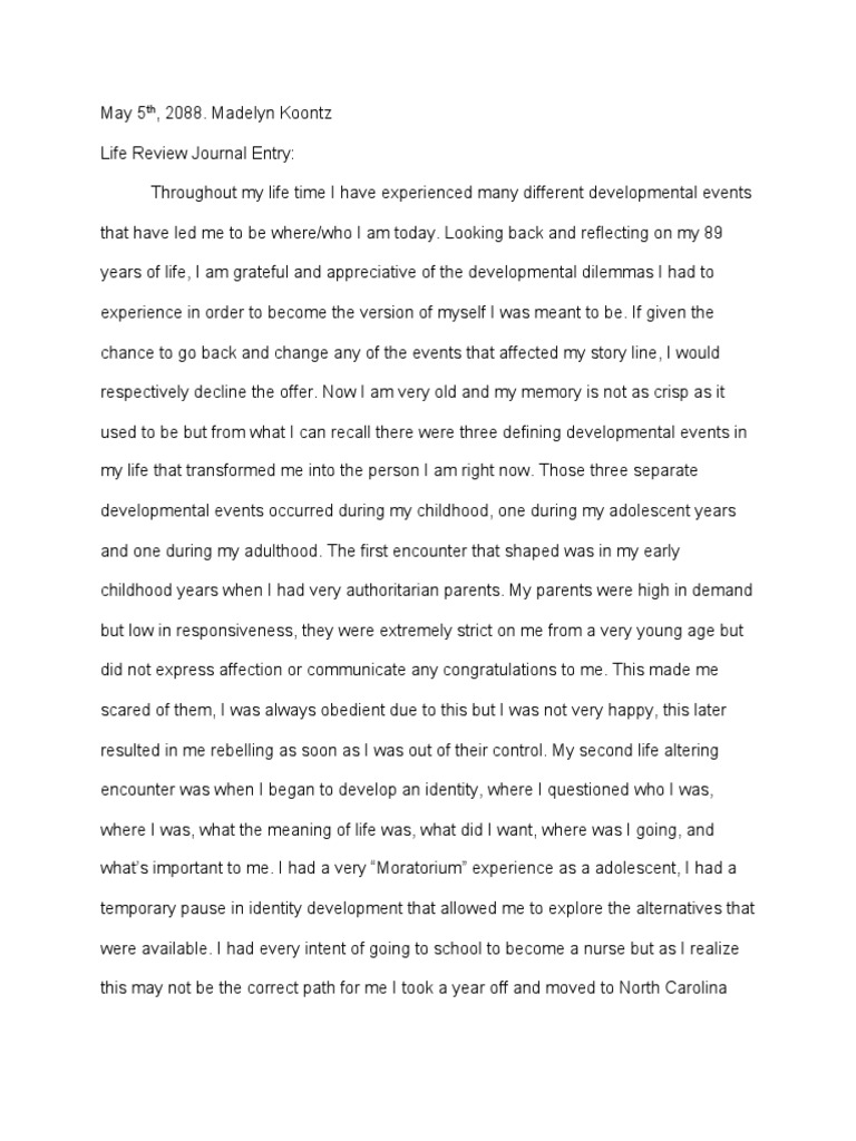 Life Review Journal Entry | PDF | Childhood | Human Life Stages