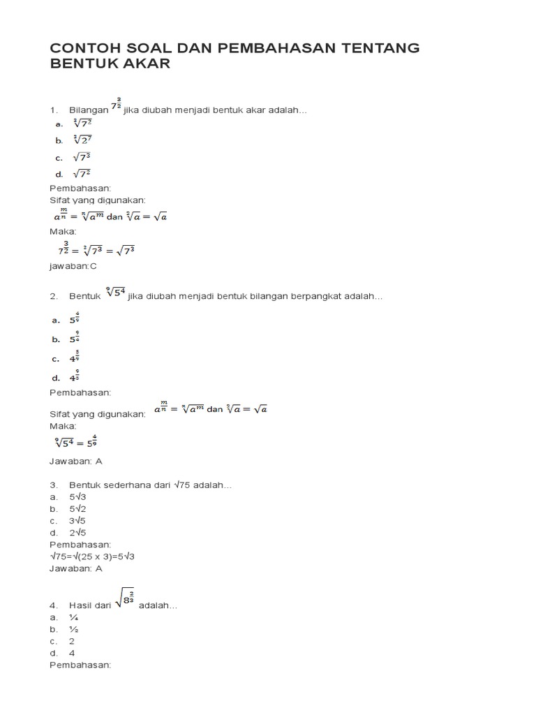 Contoh Soal Dan Pembahasan Tentang Bentuk Akar | PDF