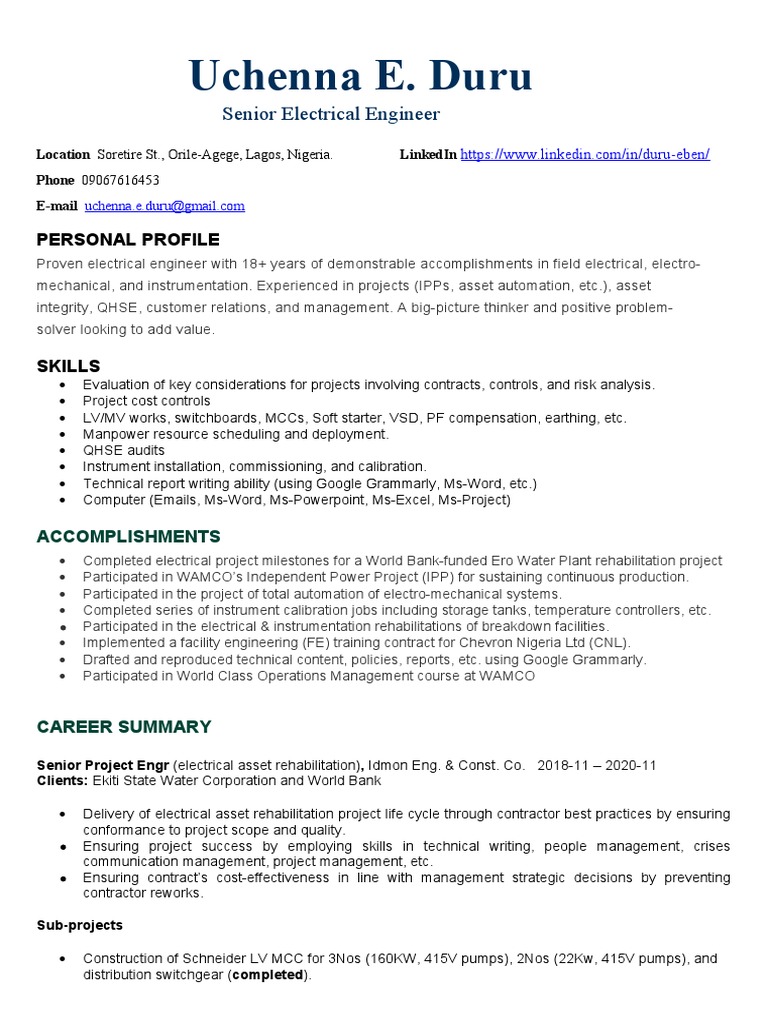 Senior Electrical Engineer Profile | PDF | Energy And Resource | Nature