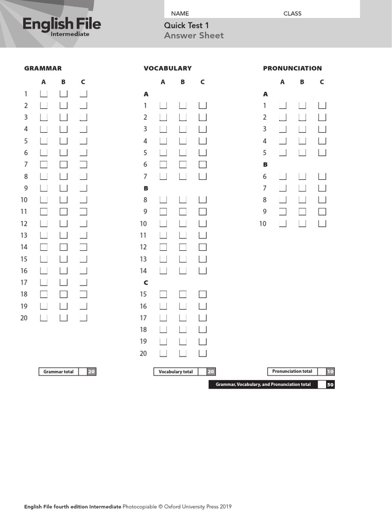 EF4e Int Quicktest 01 Answersheet | PDF