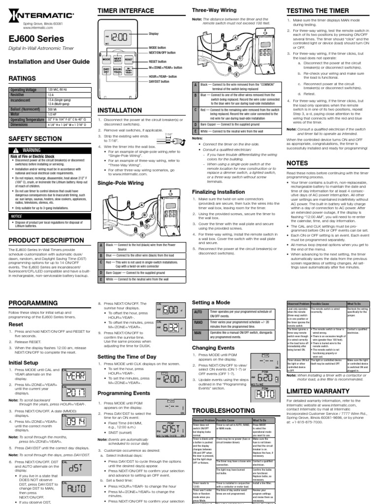 INTERFMATIC InWall Astronomical Timer EJ600 Instructions-EN PDF | PDF ...