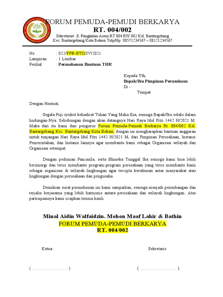Surat Permohonan Bantuan Dana THR 1 | PDF