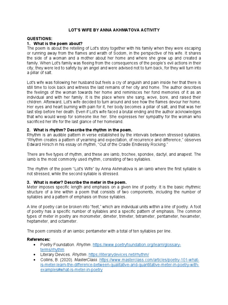 Lot'S Wife by Anna Akhmatova Activity Questions: 1. What Is The Poem ...