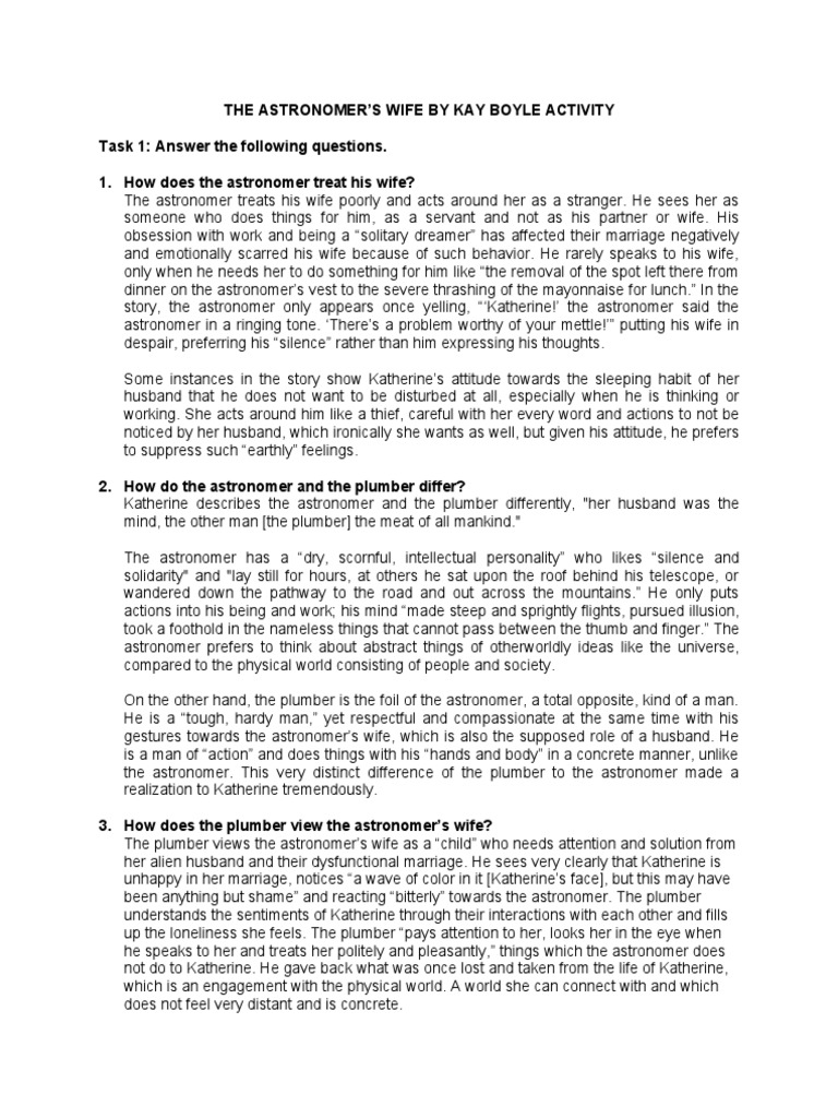 The Astronomer'S Wife by Kay Boyle Activity Task 1: Answer The ...