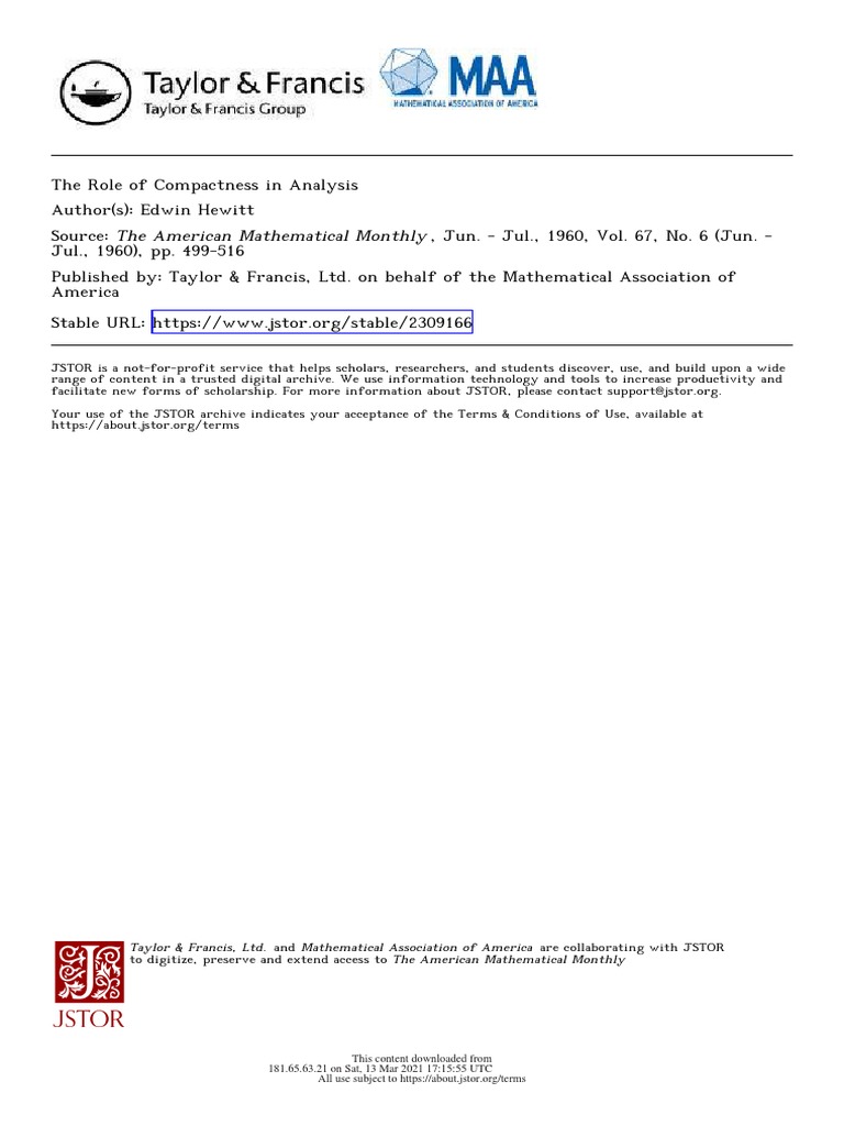 The Role of Compactness in Analysis - Edwin Hewitt | PDF | Compact Space | Measure (Mathematics)