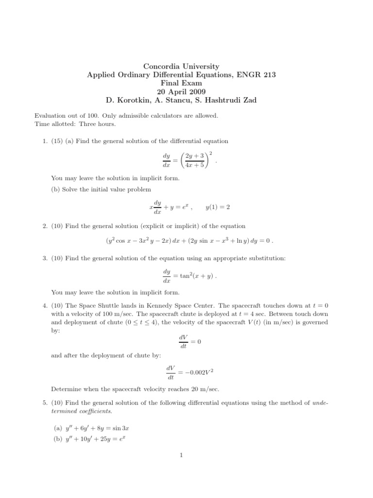 Engr 213 Final 2009 | PDF | Equations | Ordinary Differential Equation Engr 213 Final 2009 | PDF | Equations | Ordinary Differential Equation