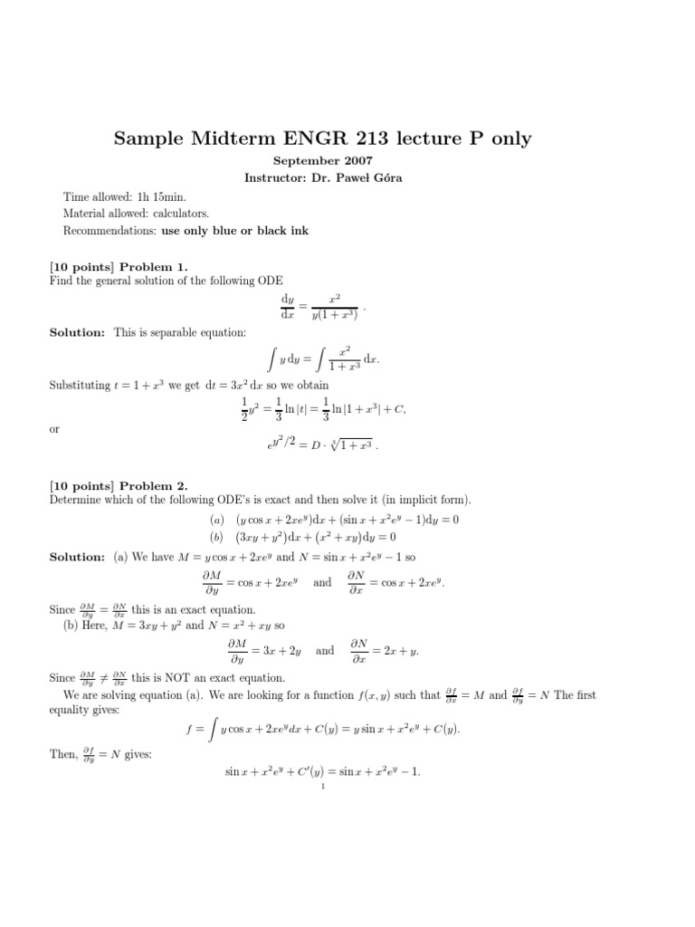 ENGR 213 Sample Midterm 1 Solutions 2007-2008 | PDF | Ordinary ...