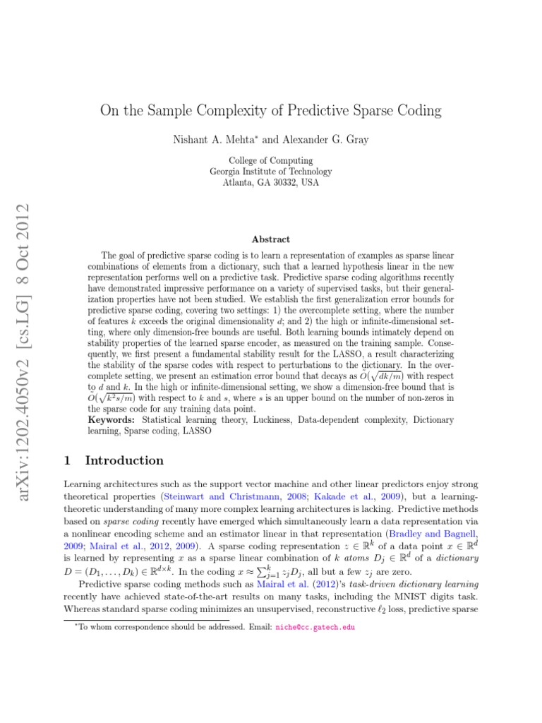 Sample Complexity of Predictive Sparse Coding | PDF | Normal Distribution | Stability Theory