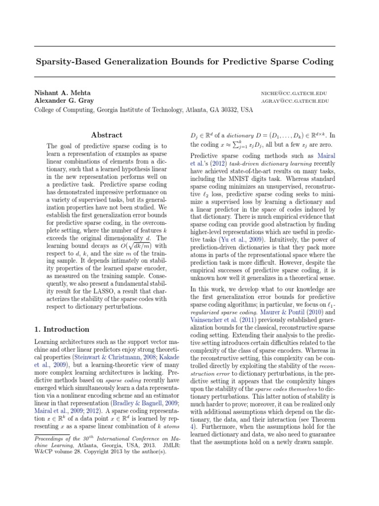 Sparsity-Based Generalization Bounds For Predictive Sparse Coding | PDF | Theorem | Data Compression