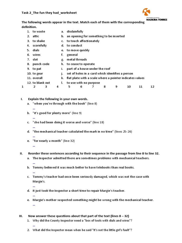 The Fun They Had Worksheet Activities | PDF | Human Communication ...