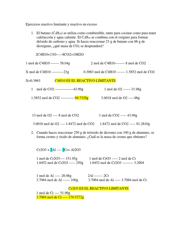 Ejercicios Reactivo Limitante y Reactivo en Exceso | PDF