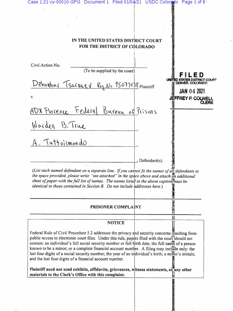 Tsarnaev V ADX Florence, Federal Bureau of Prisons | PDF
