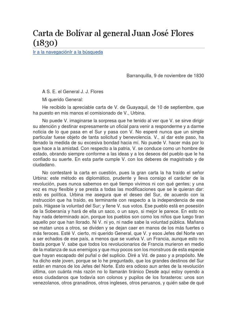 Carta de Bolívar Al General Juan José Flores | PDF