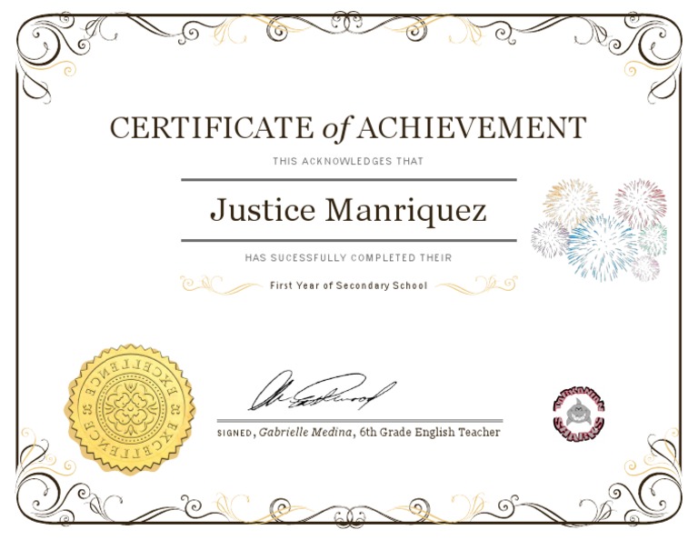 Certificate of Achievement for Justice Manriquez | PDF