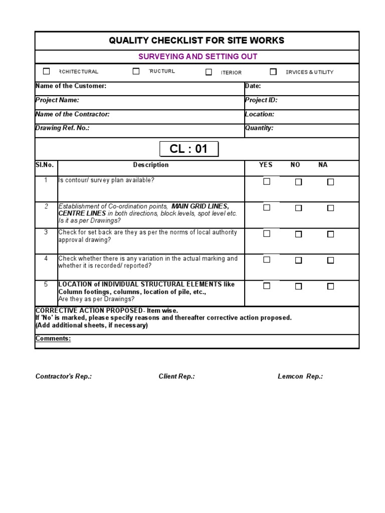 Checklist For Site Works | PDF | Specification (Technical Standard) | Wall