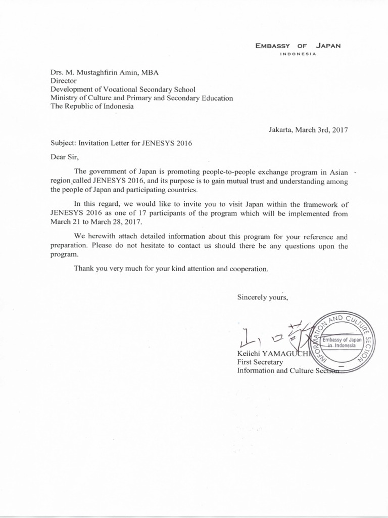Invitation Letter From Japan Embassy | PDF | Further Education
