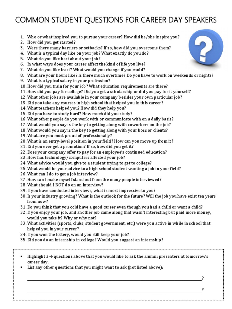 Common Student Questions For Career Day Speakers | PDF | Labor | Employment