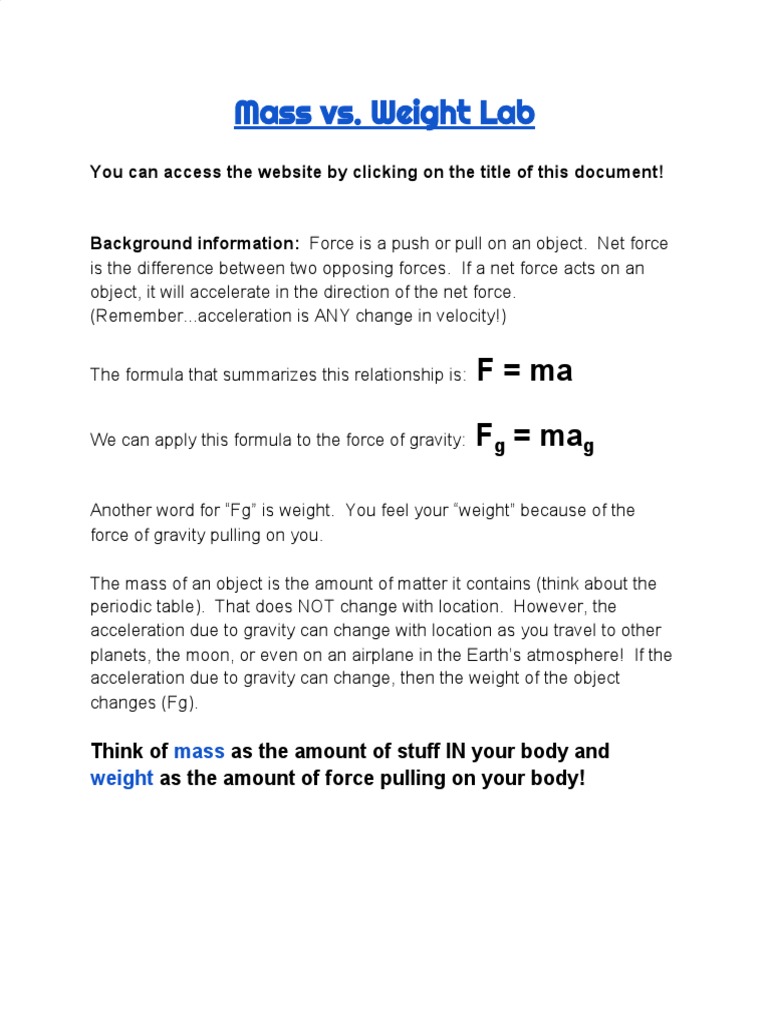 Mass vs. Weight: Lab Guide | PDF | Weight | Mass