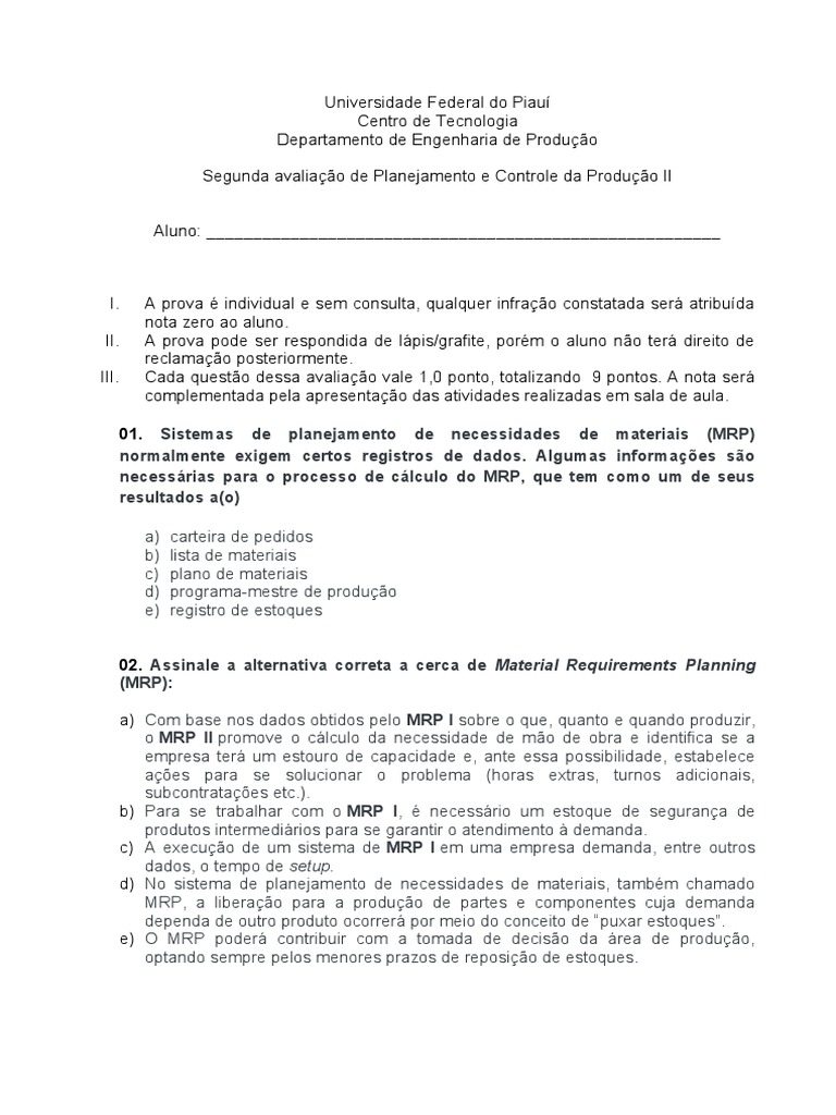 Segunda Prova de PCP II | PDF | Gestão de processos de negócios | Processo de negócios