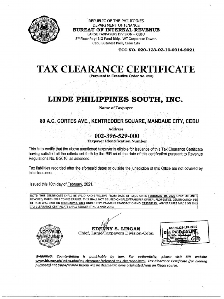 Tax Clearance Certificate 2021 | PDF