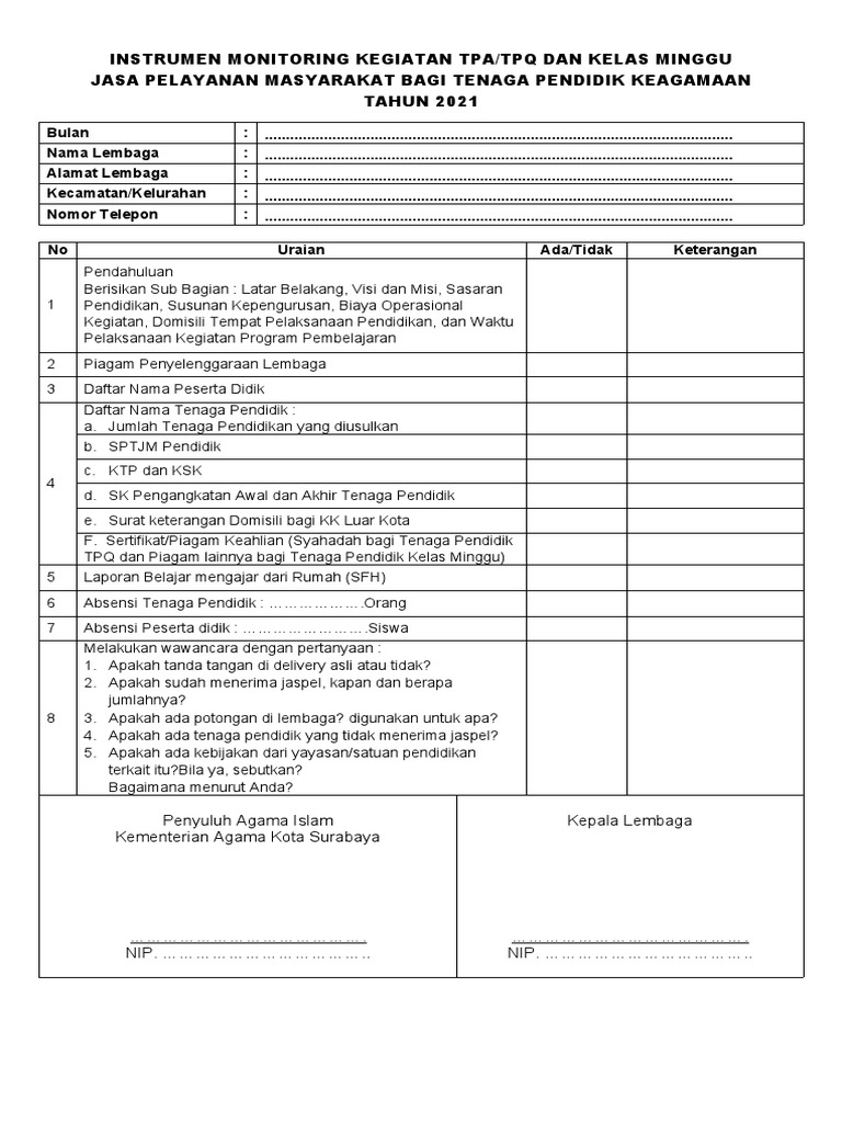 Form Monev TPQ TW 1 2021 (Monev) | PDF