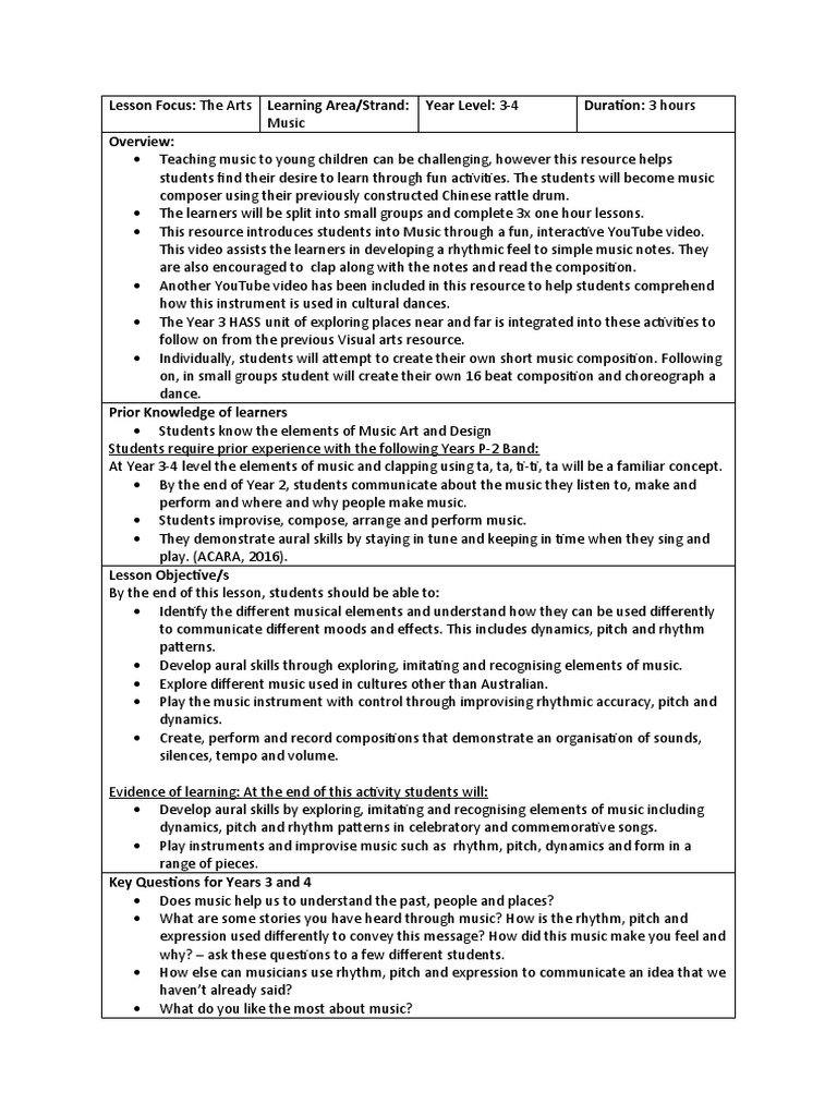 Lesson Plan Music | PDF | Rhythm | Behavior Modification