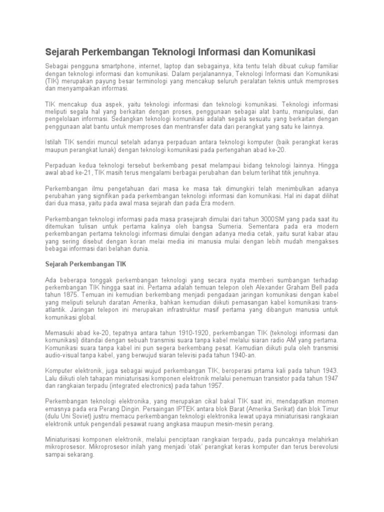 Sejarah Perkembangan Teknologi Informasi Dan Komunikasi | PDF