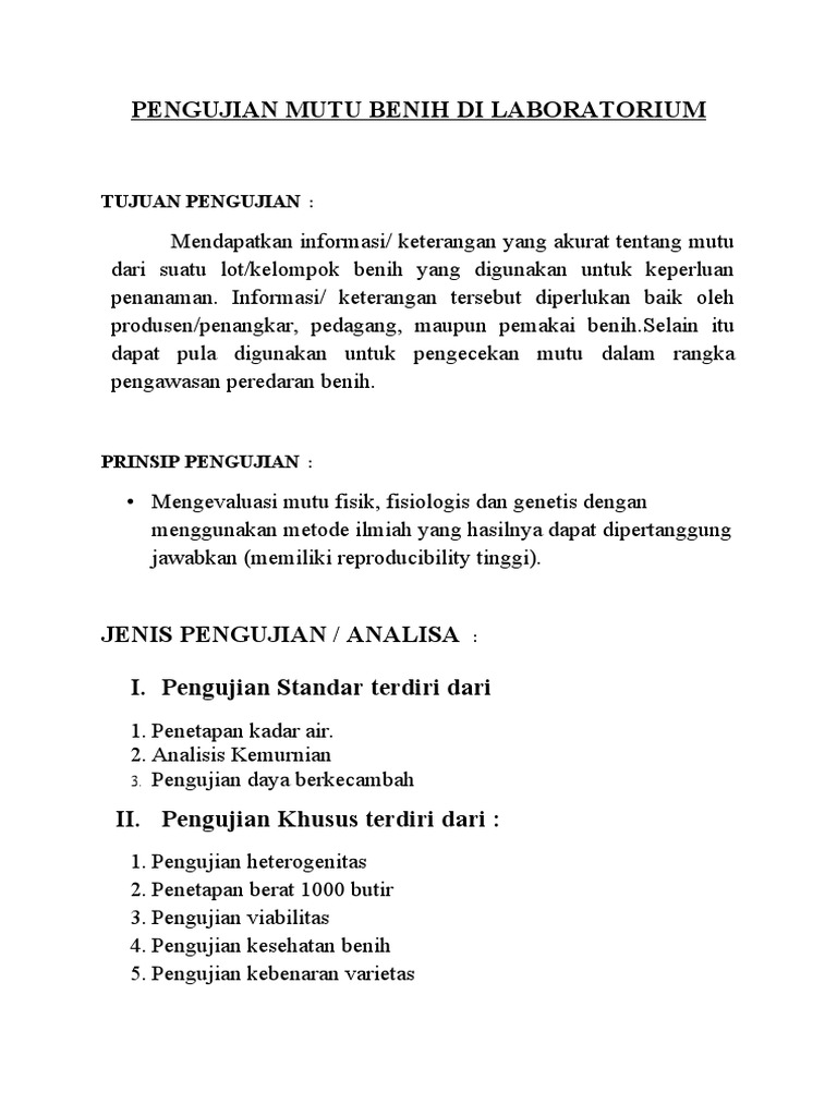 Pengujian Mutu Benih Di Laboratorium | PDF