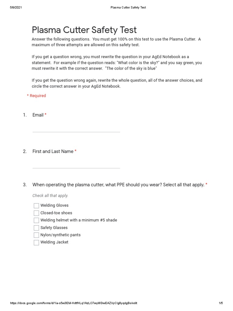 Plasma Cutter Safety Test - Google Forms | PDF | Computers | Technology ...