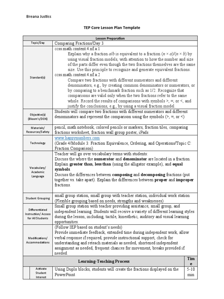 TEP Core Lesson Plan Template | PDF | Educational Assessment | Learning