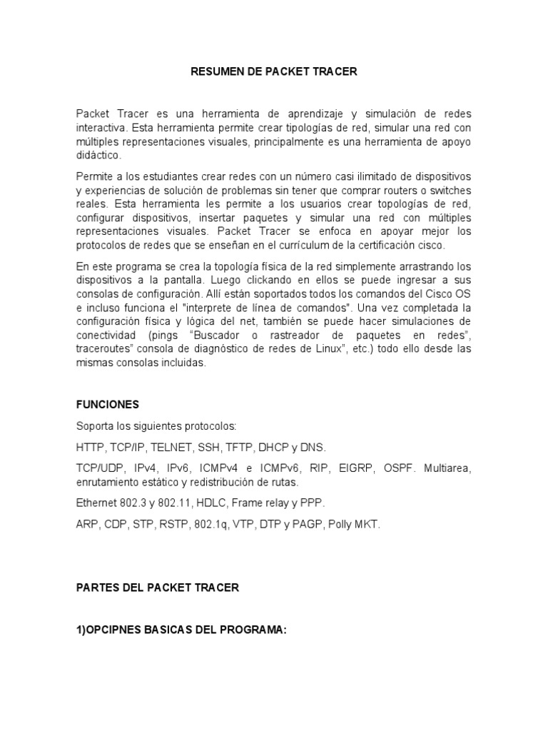 Resumen de Packet Tracer | PDF | Enrutador (Computación) | Red de computadoras