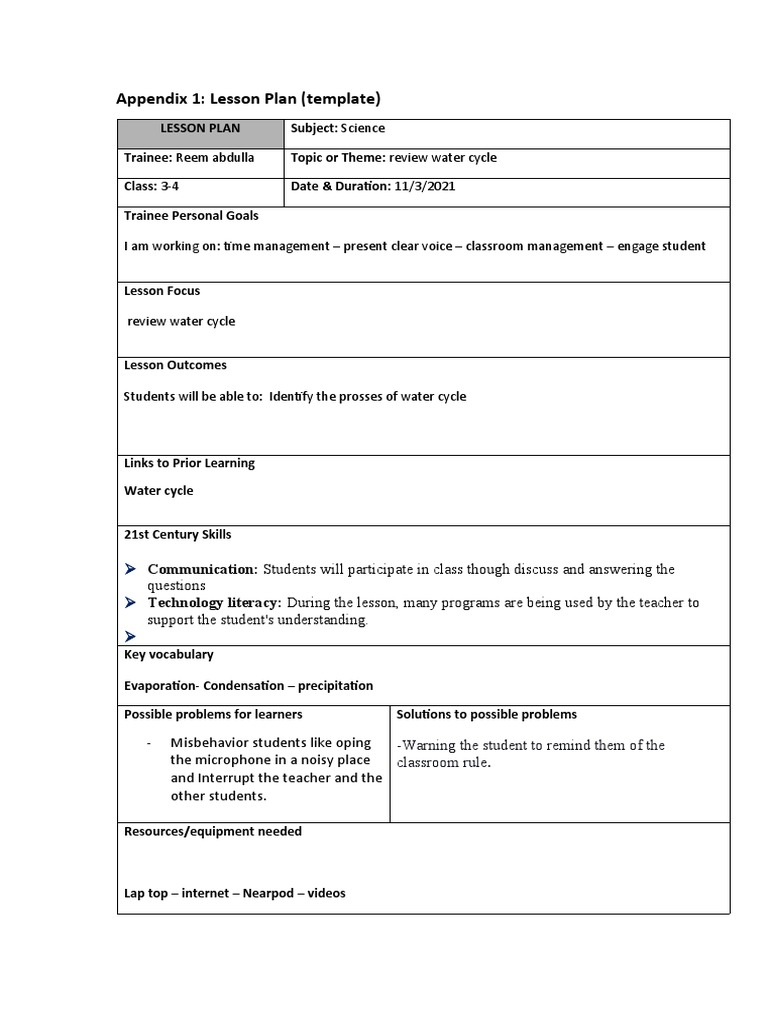 Appendix 1: Lesson Plan (Template) | PDF | Lesson Plan | Teachers