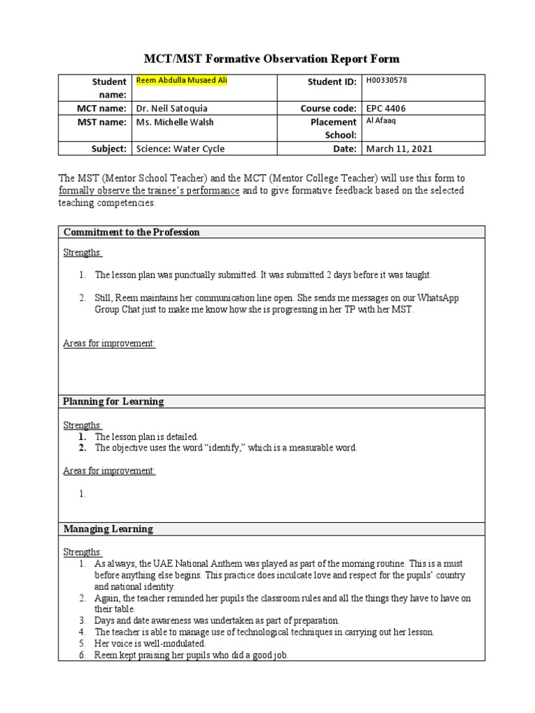 MCT-MST Formative Report Form 2reem Abdulla | PDF | Reading ...