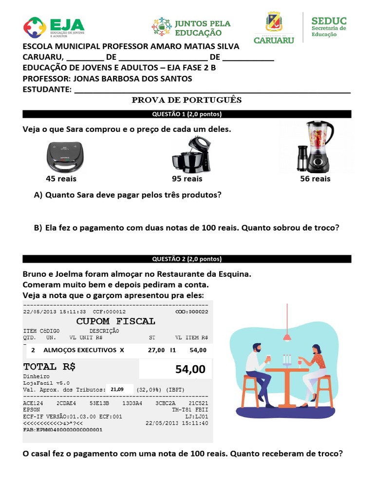 Prova Português 3 Unidade 2019 Eja | PDF