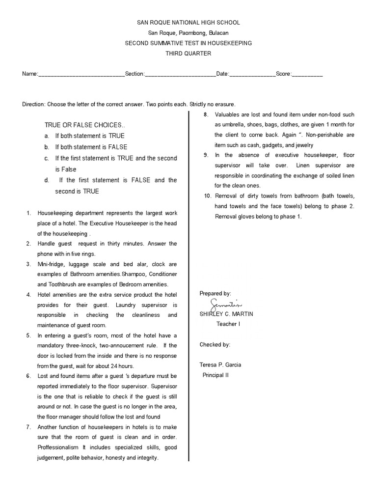 Second Summative Test: Housekeeping | PDF | Hotel And Accommodation ...