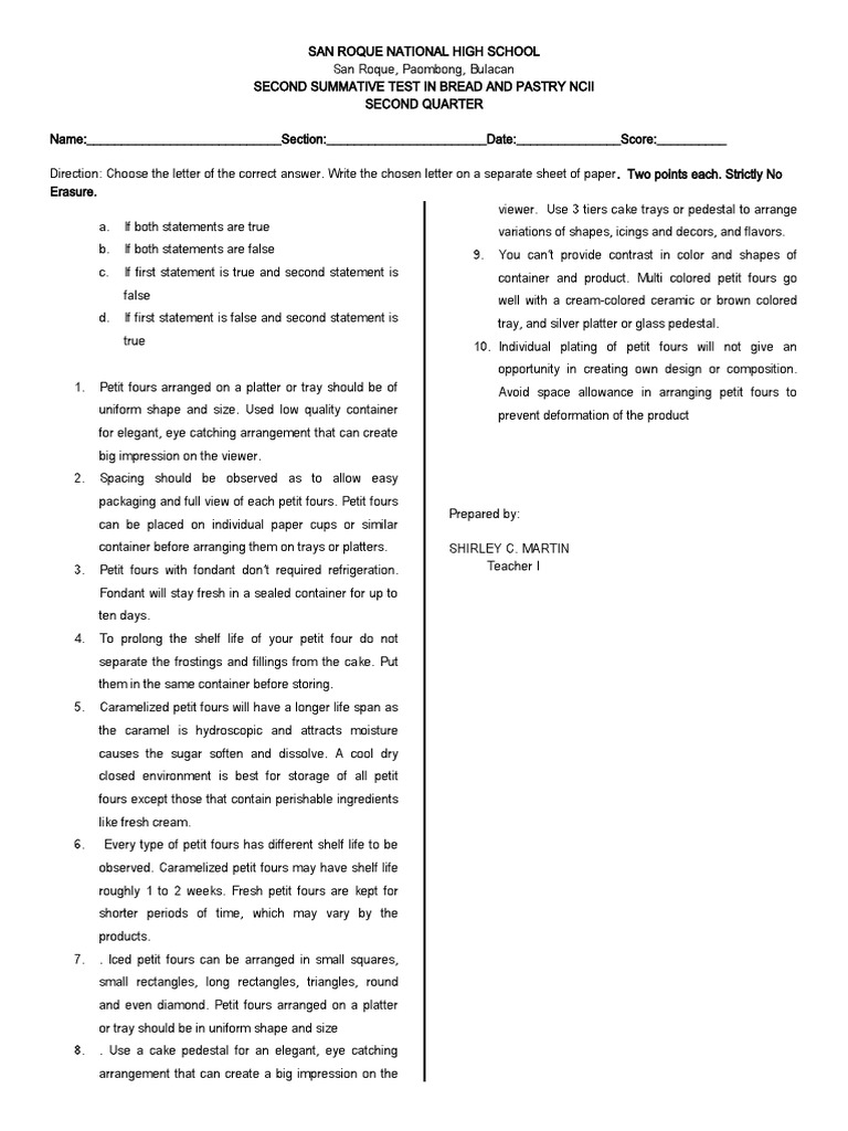 2nd Summative Test BPP Q2 | PDF | Cakes | Shelf Life
