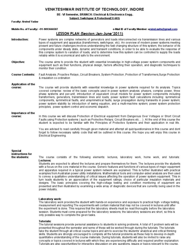 Lesson Plan | PDF | Electric Power System | Relay