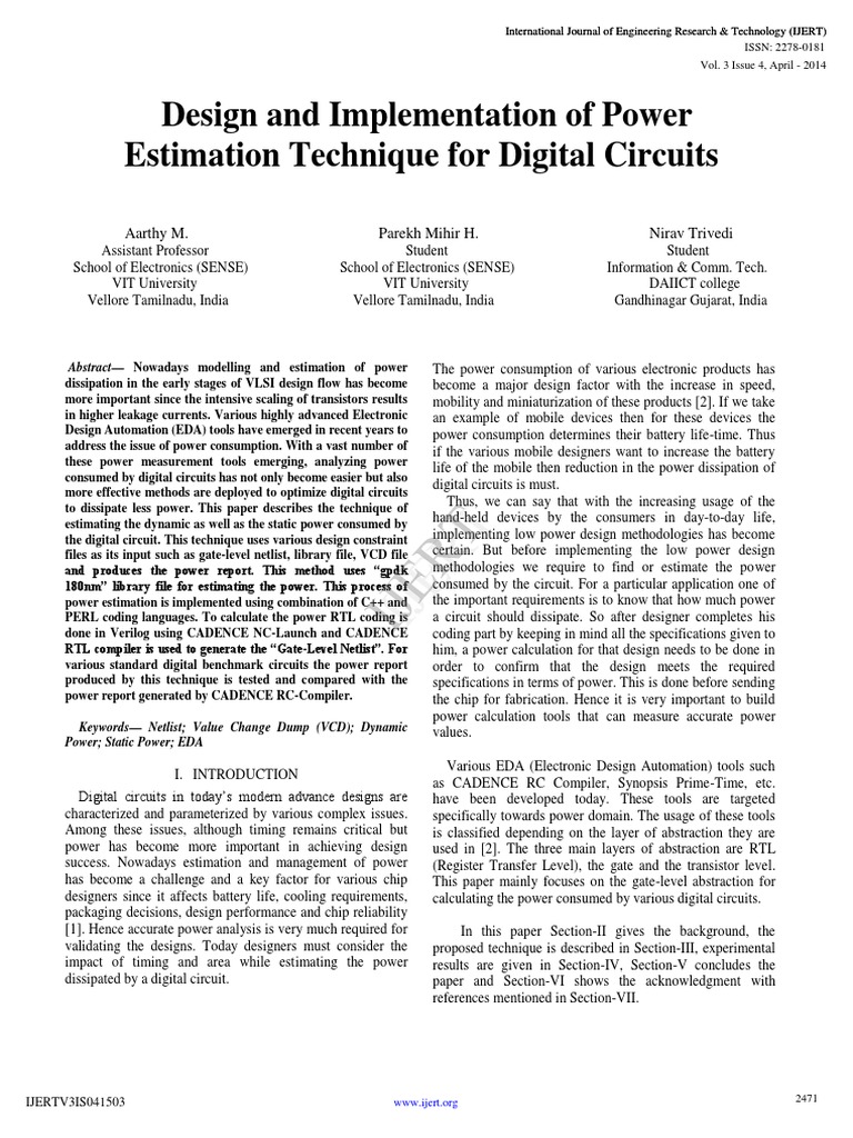 Design and Implementation of Power Estimation Technique For Digital ...