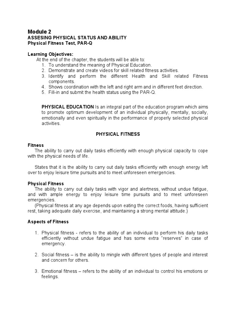 Assesing Physical Status and Ability Physical Fitness Test, PAR-Q ...